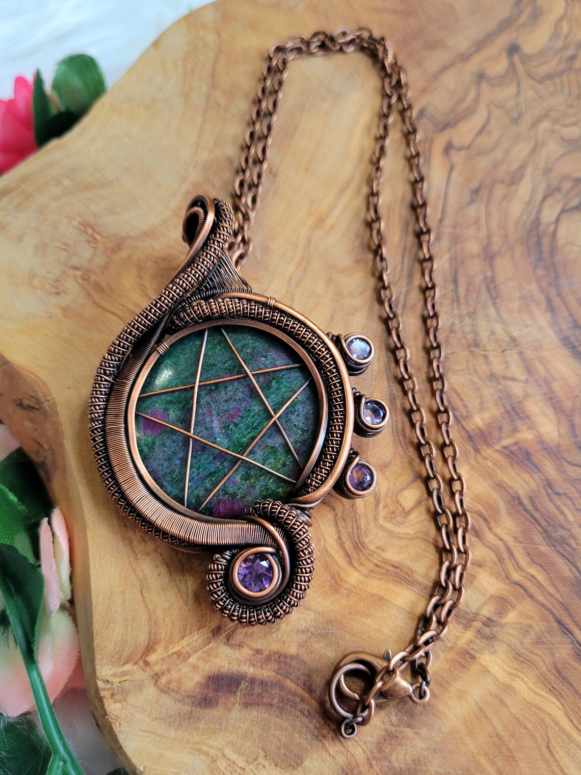 Ruby Fuchsite Pentacle Pendant, Ruby Fuchsite and Amethyst Wire Wrapped ...