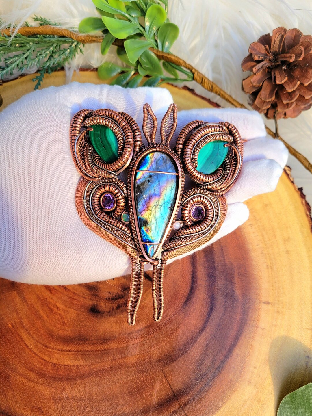 Luna Moth Wire Pendant, Luna Moth - Labradorite - Malachite - Amethyst ...