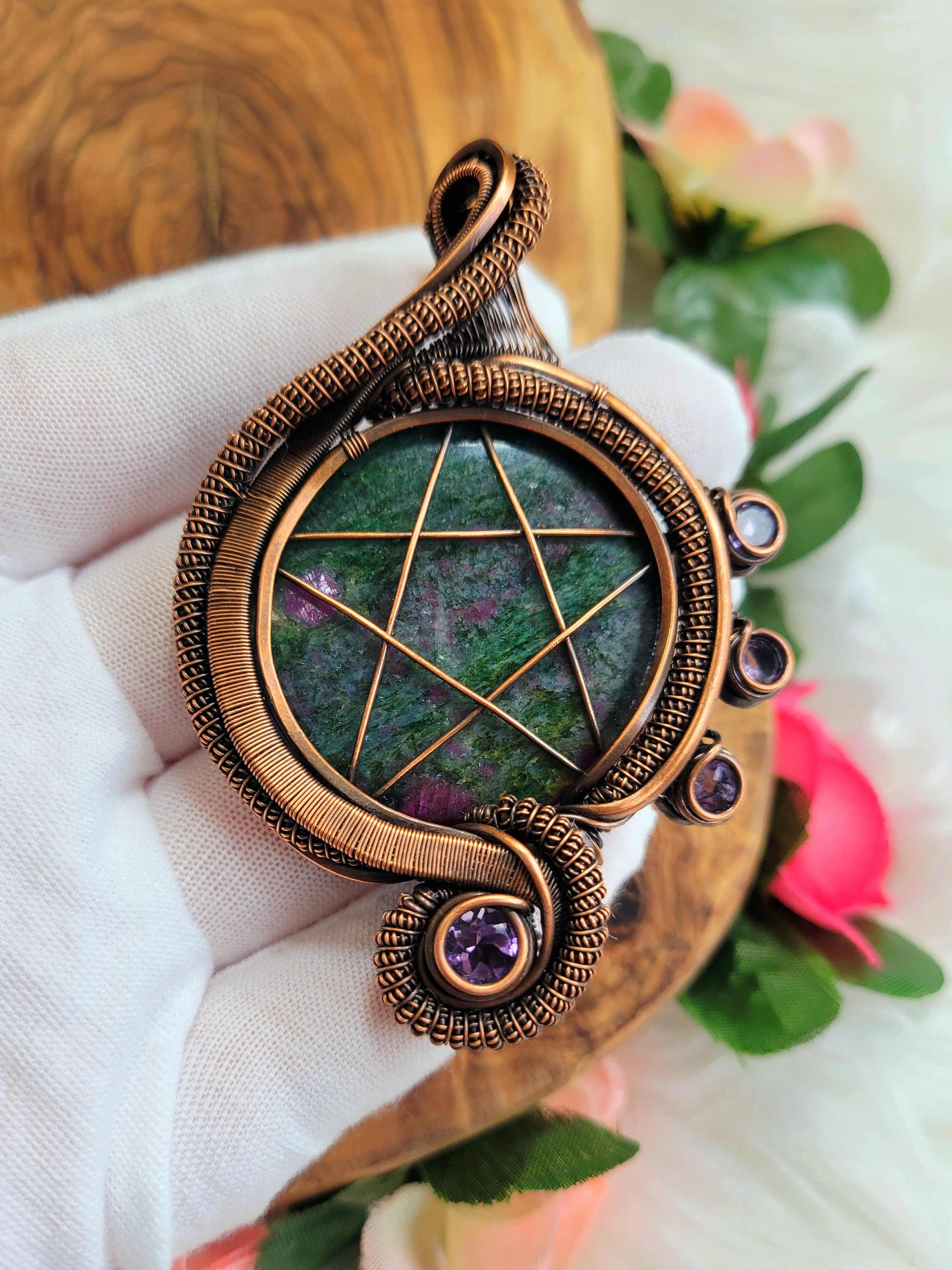 Ruby Fuchsite Pentacle Pendant, Ruby Fuchsite and Amethyst Wire Wrapped ...