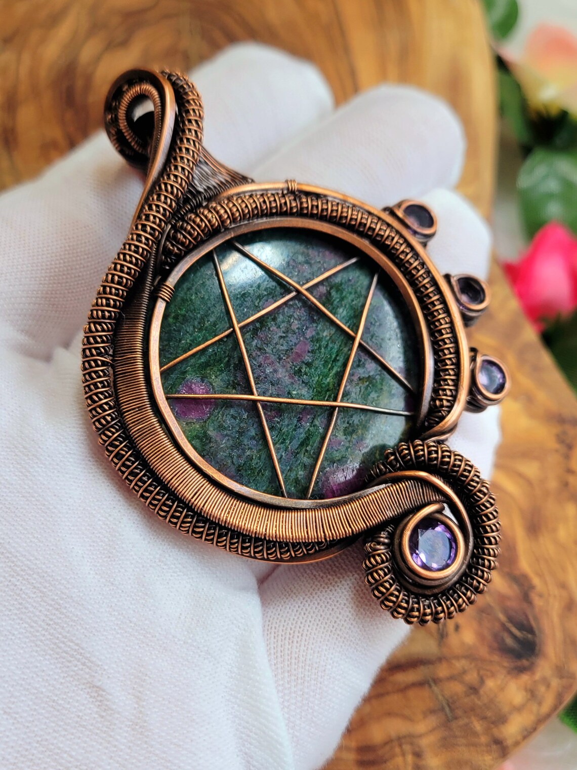 Ruby Fuchsite Pentacle Pendant, Ruby Fuchsite and Amethyst Wire Wrapped ...