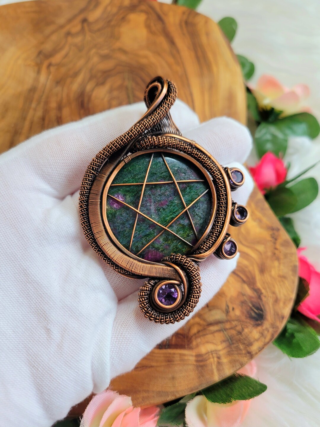Ruby Fuchsite Pentacle Pendant, Ruby Fuchsite and Amethyst Wire Wrapped ...
