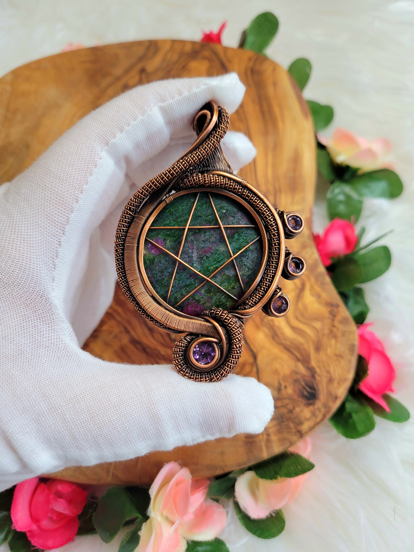 Ruby Fuchsite Pentacle Pendant, Ruby Fuchsite and Amethyst Wire Wrapped ...