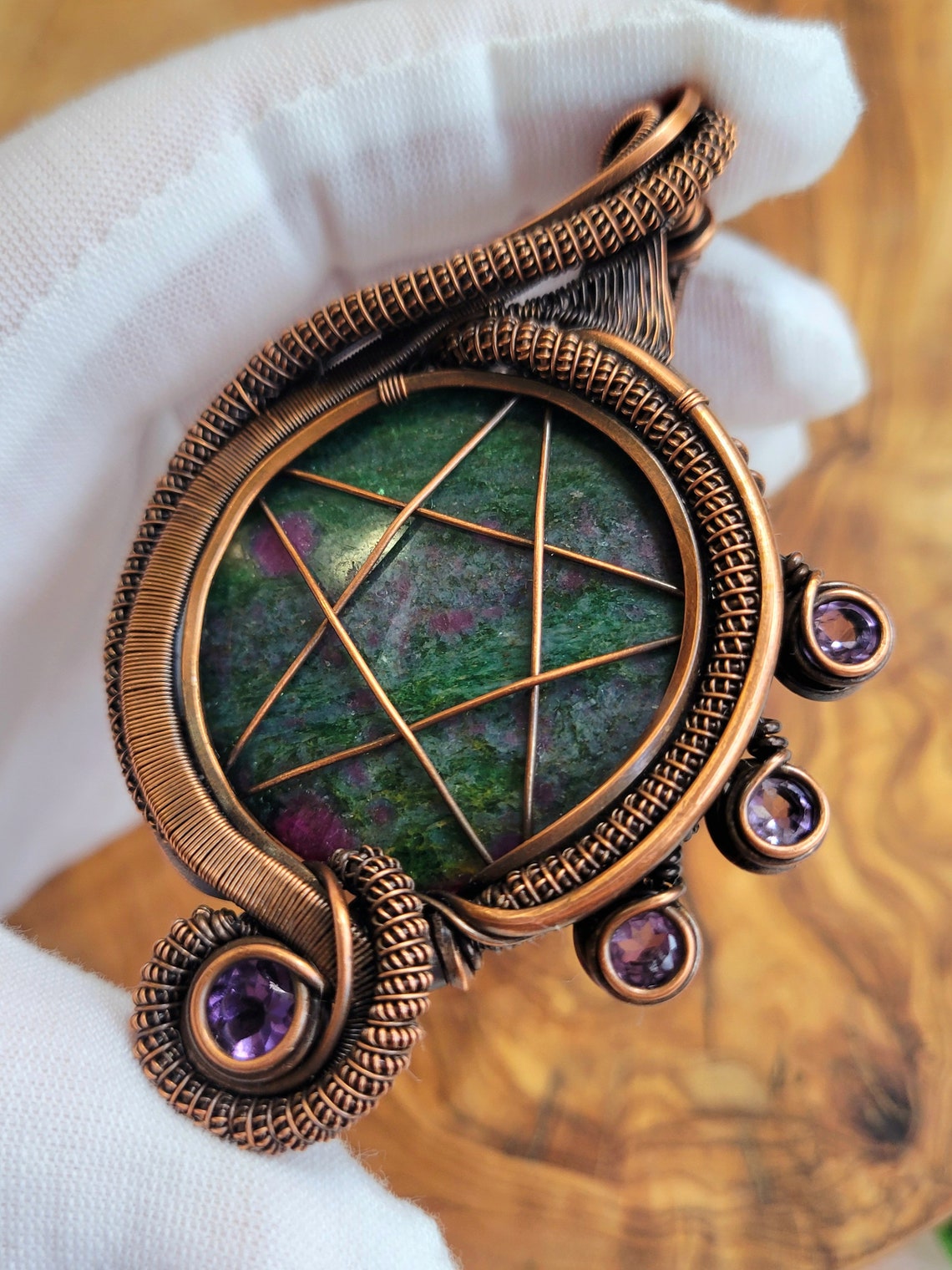 Ruby Fuchsite Pentacle Pendant, Ruby Fuchsite and Amethyst Wire Wrapped ...
