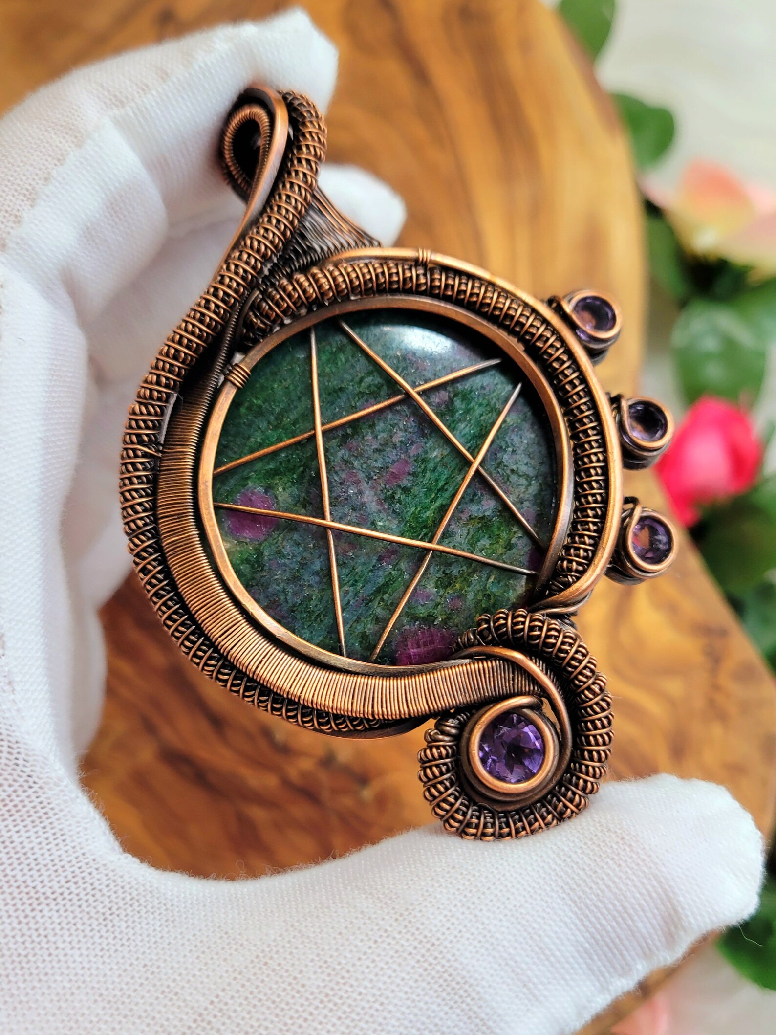 Ruby Fuchsite Pentacle Pendant, Ruby Fuchsite and Amethyst Wire Wrapped ...