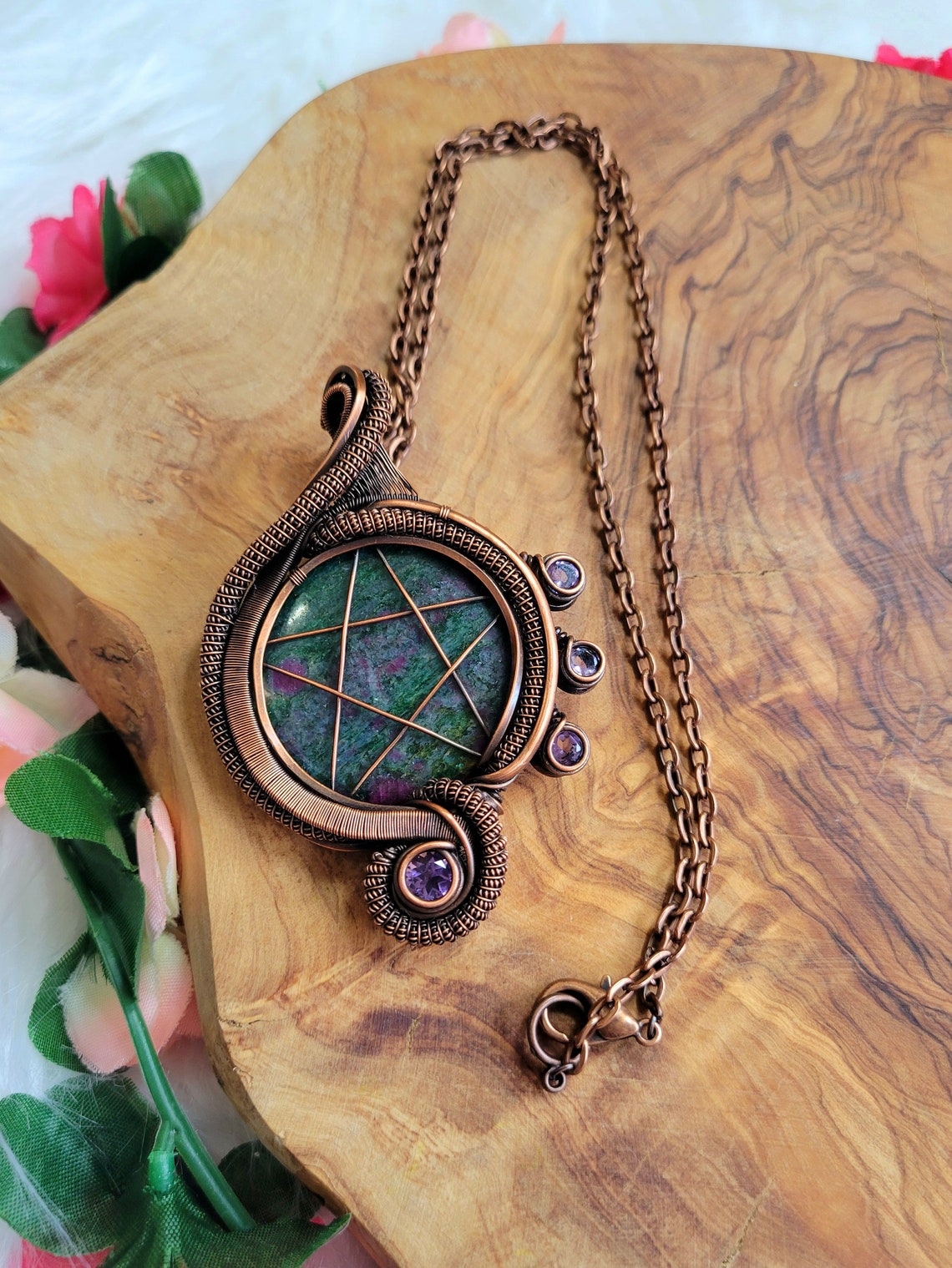 Ruby Fuchsite Pentacle Pendant, Ruby Fuchsite and Amethyst Wire Wrapped ...