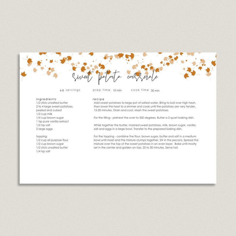 Fall Theme Editable Recipe Card Template | Recipe Card Printable ...