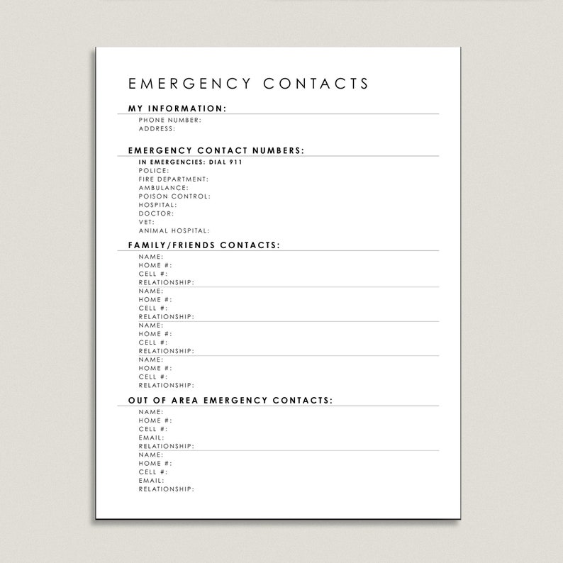 Emergency Contact Sheet Printable Great For The Nanny Forms Editable 