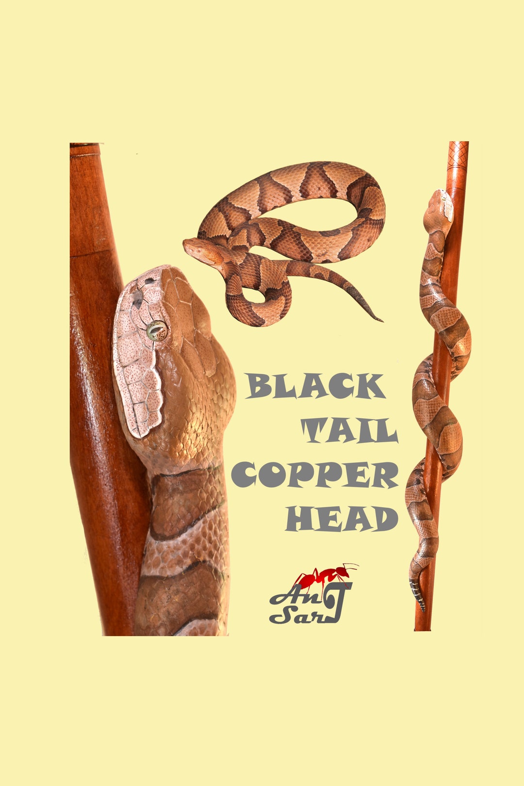 Black Tail COPPERHEAD Snake Sculpture Wooden Hiking Staff, Hand Carved ...