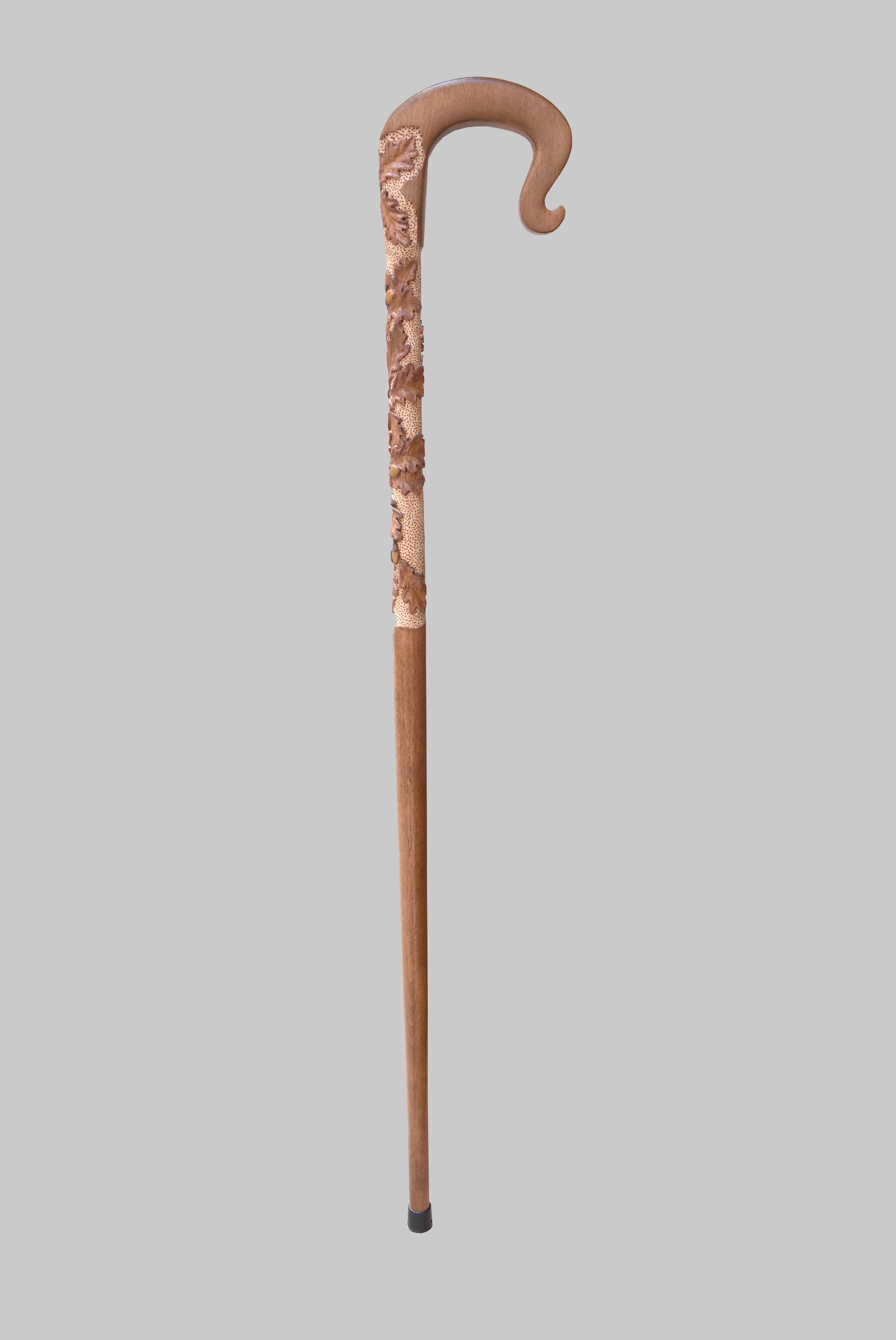 Custom Wood Walking Cane, Shepherd Crook Handle With Oak Leaves Relief ...