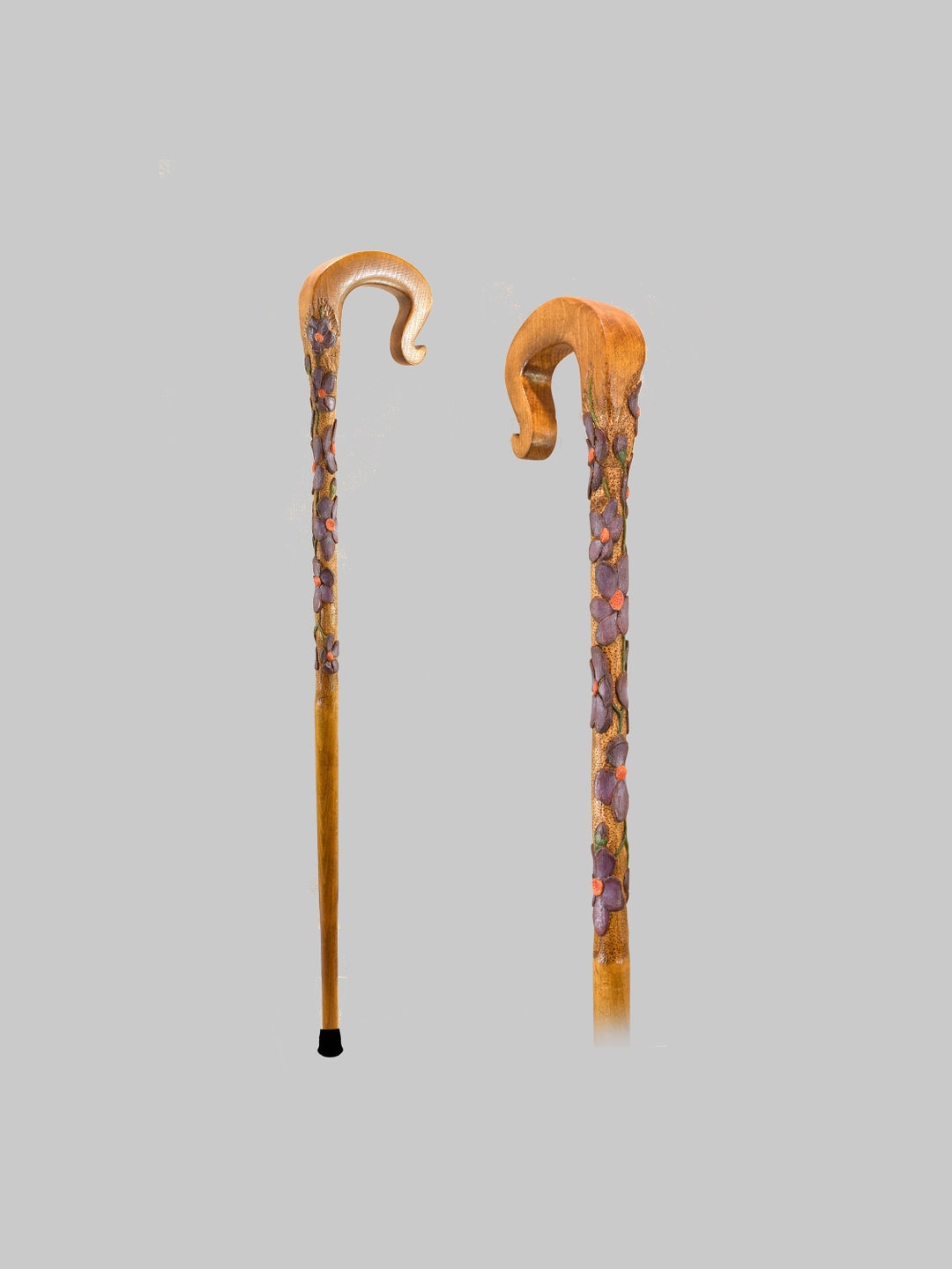 Wooden Walking Cane, Shepherd Crook Handle With Fantasy Purple Flowers ...