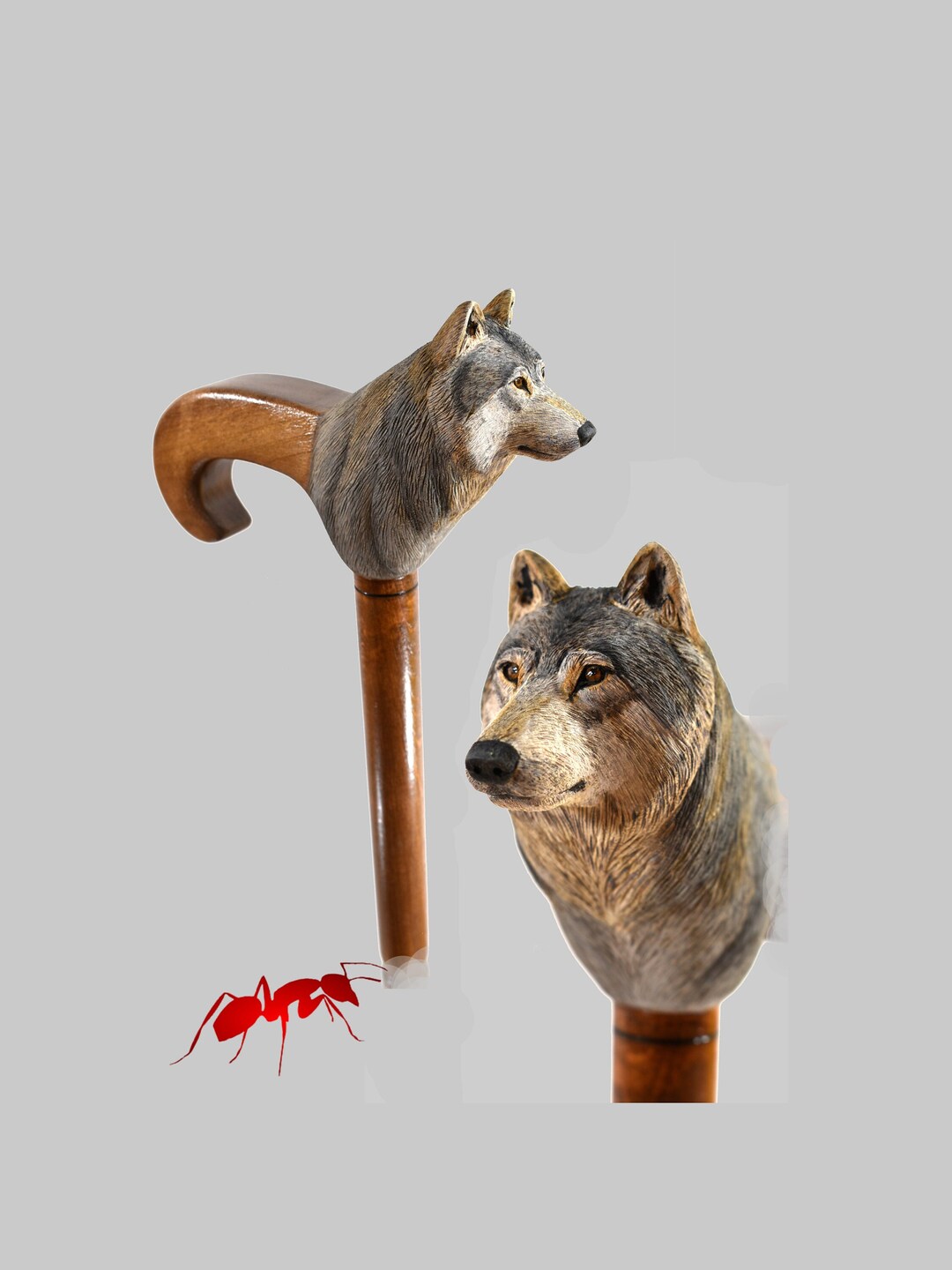 Custom Wood Walking Cane, Realistic Gray Wolf Wood Wildlife, Hand ...