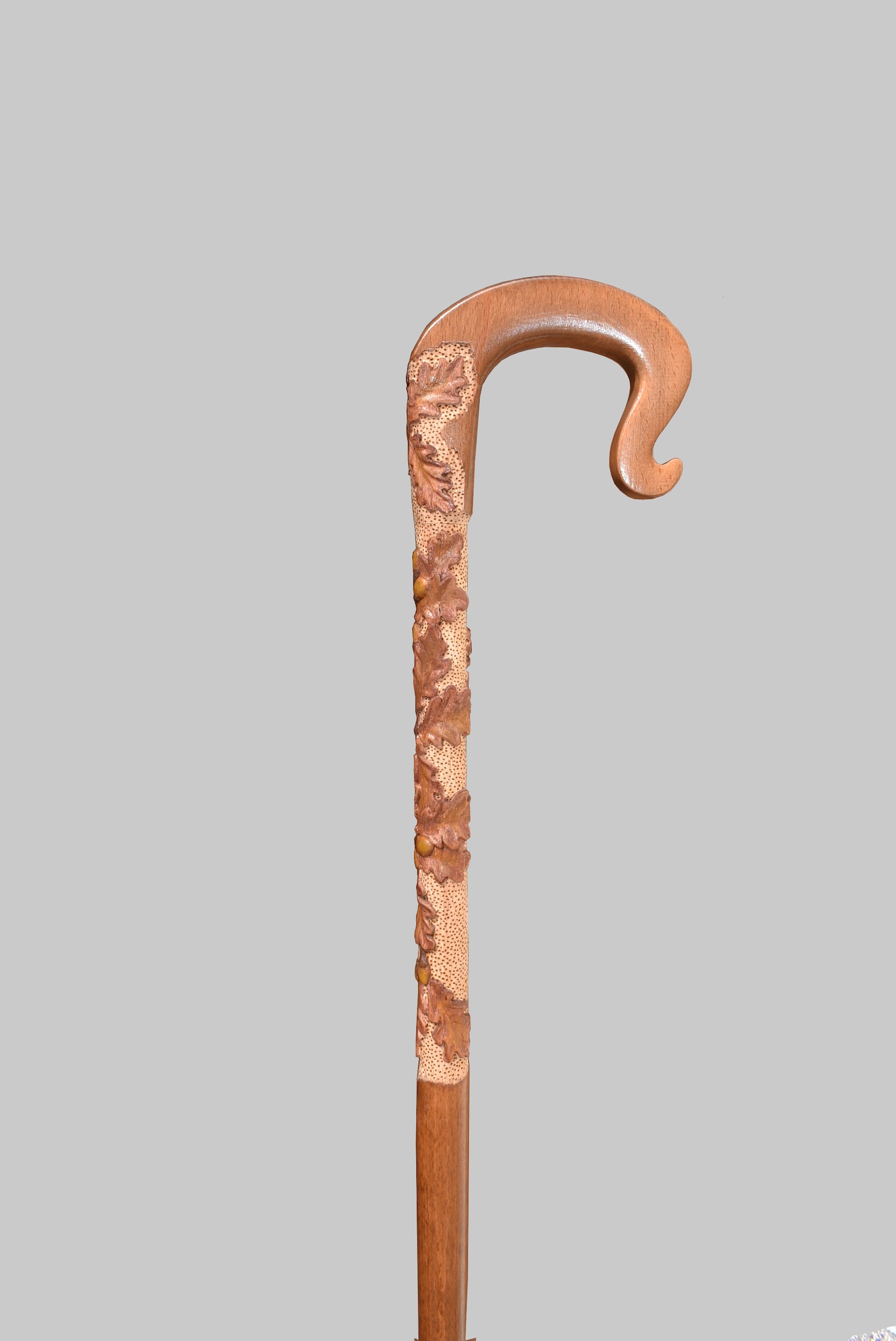 Custom Wood Walking Cane, Shepherd Crook Handle With Oak Leaves Relief ...