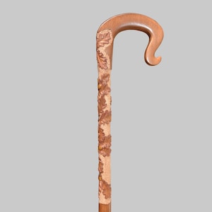 Custom Wood Walking Cane, Shepherd Crook Handle With Oak Leaves Relief ...