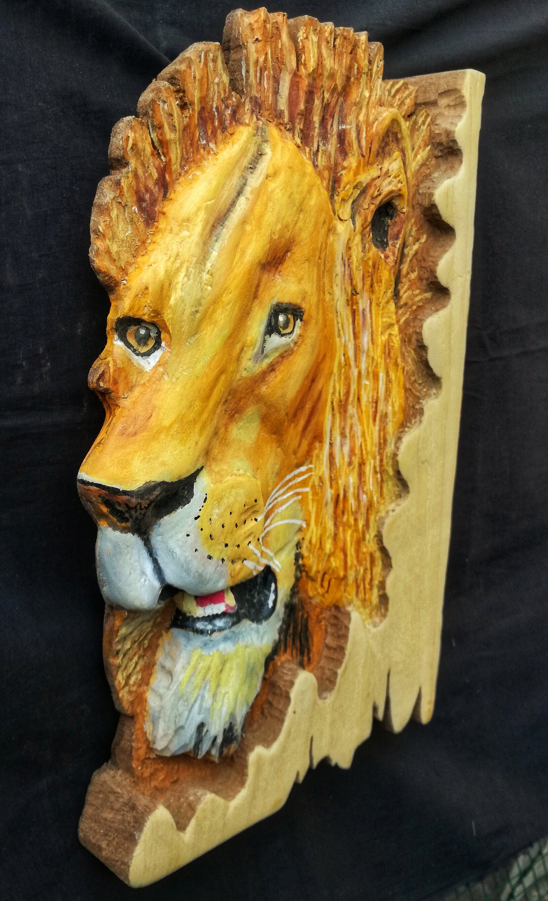Lion Carved on Wood Wood Carving With Bark Hand Made Gift Wall Hanging ...
