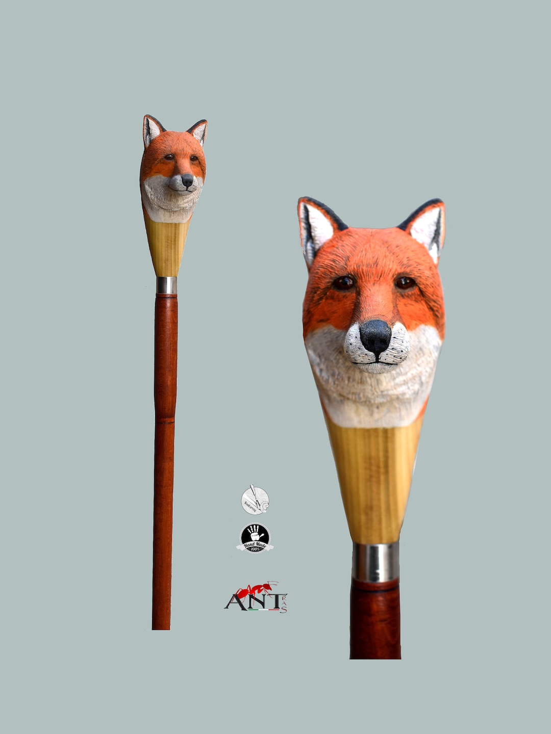Custom Wood Walking Stick, Realistic Red Fox Head Wood, Wildlife Hand ...
