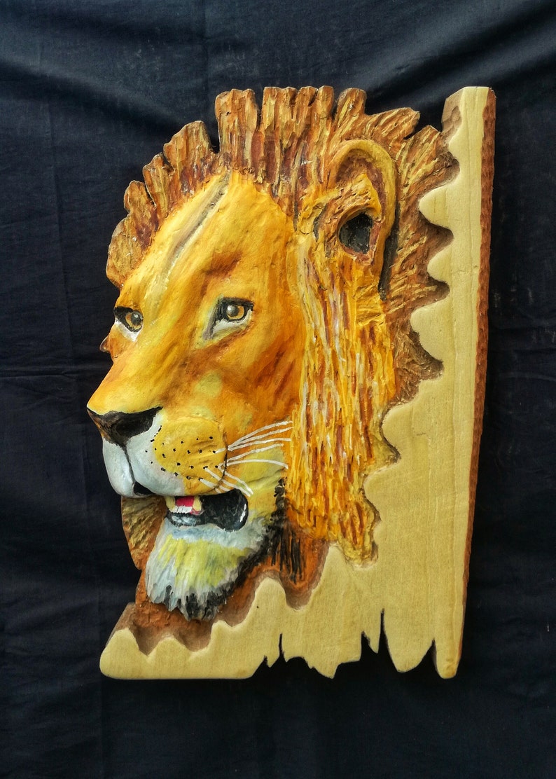 Lion Carved on Wood Wood Carving With Bark Hand Made Gift Wall | Etsy
