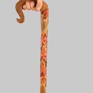 Custom Wood Walking Cane,shepherd Crook Handle With Maple Leaves Relief ...