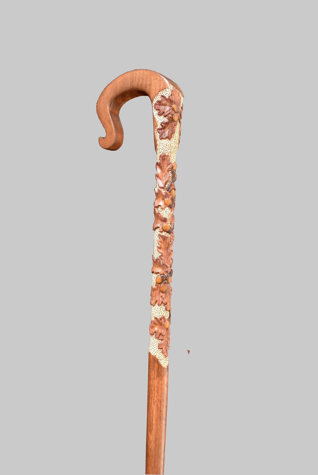 Custom Wood Walking Cane, Shepherd Crook Handle With Oak Leaves Relief ...