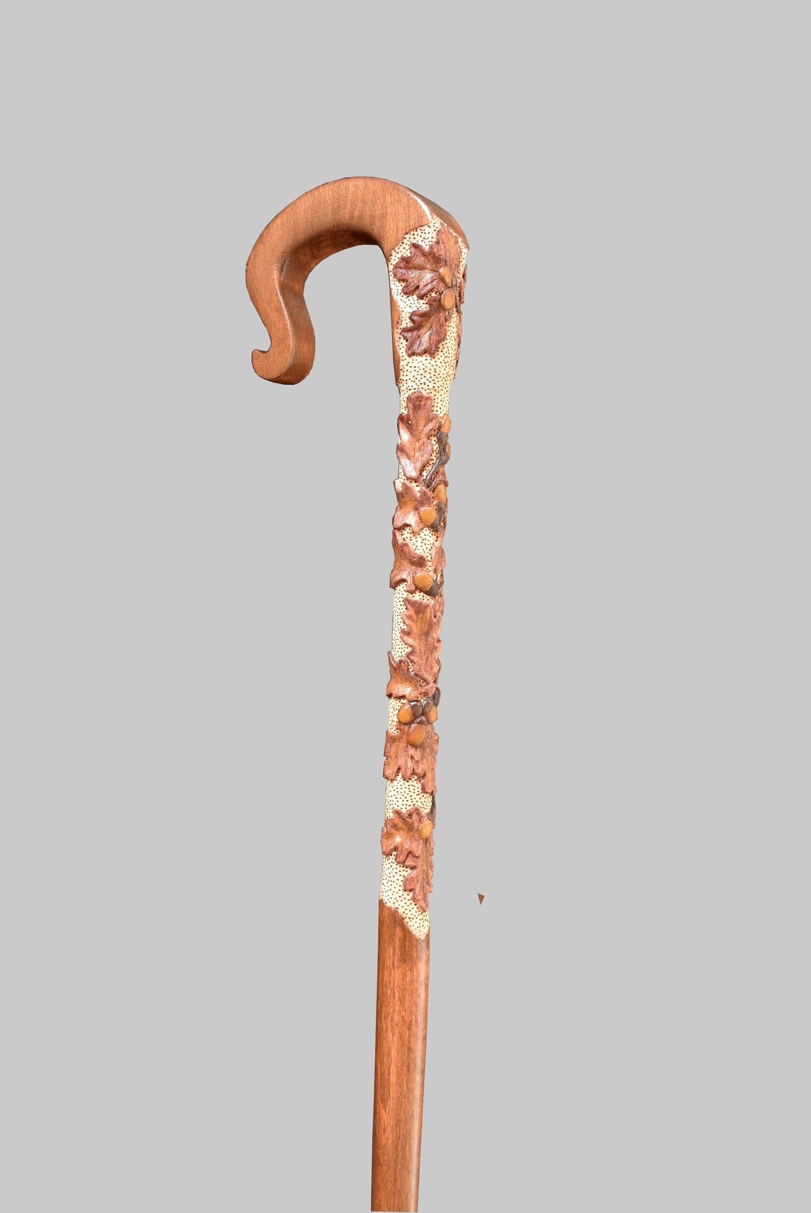 Custom Wood Walking Cane, Shepherd Crook Handle With Oak Leaves Relief ...