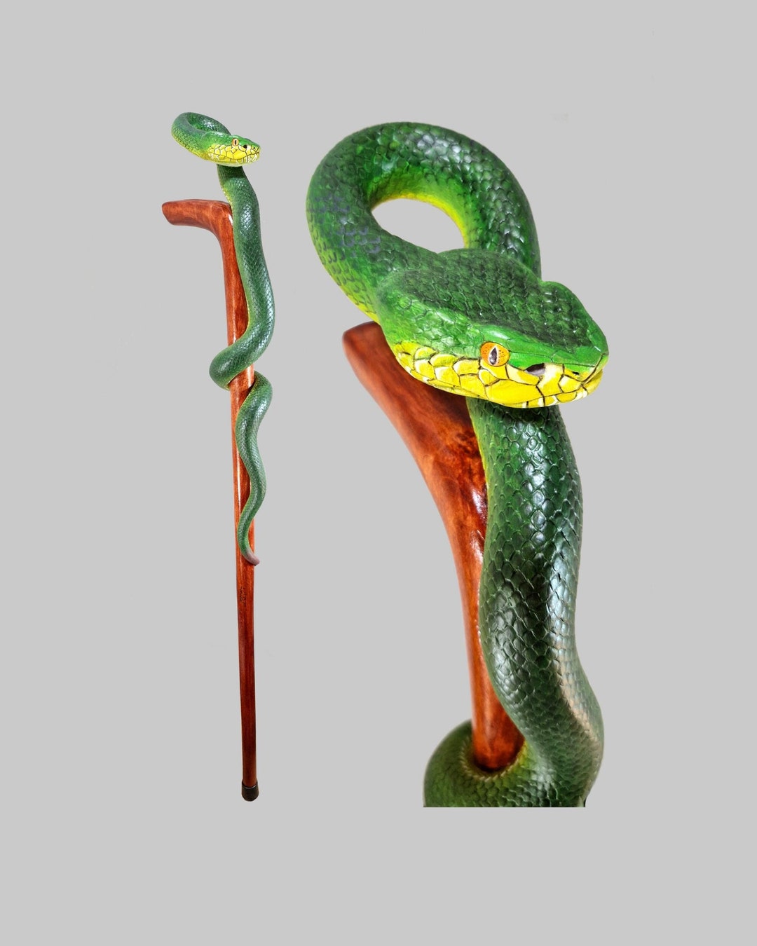Wooden Walking Cane Bamboo Tree Viper Full Body, Hand Carved Wood Art ...