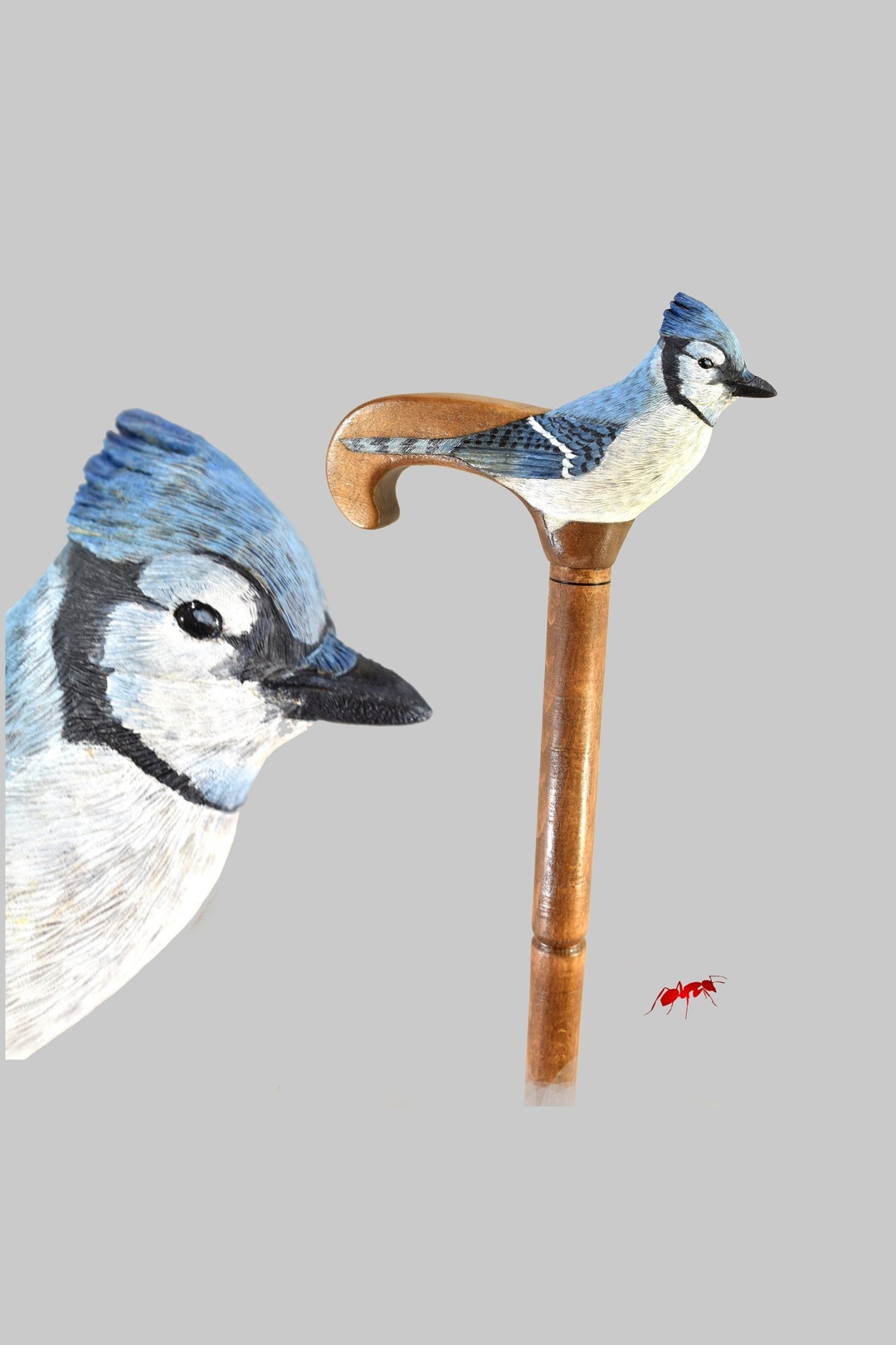 Realistic Blue Jay Wood Bird Sculpture, Custom Wood Walking Cane for ...