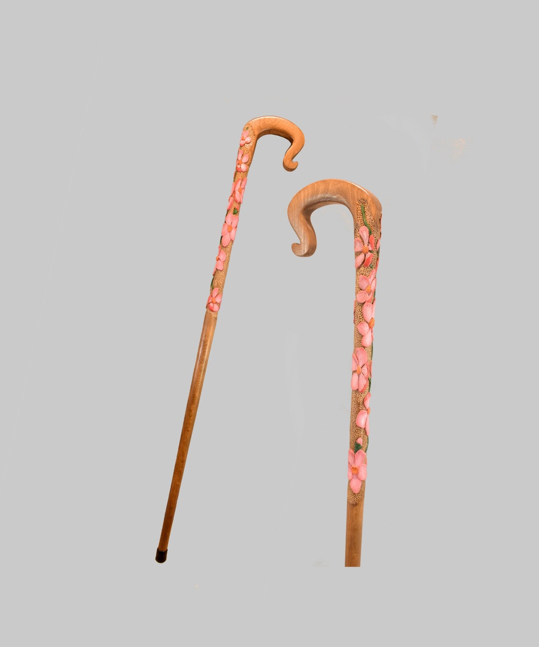 Custom Wood Walking Cane,shepherd Crook Handle With Cherry Flowers ...