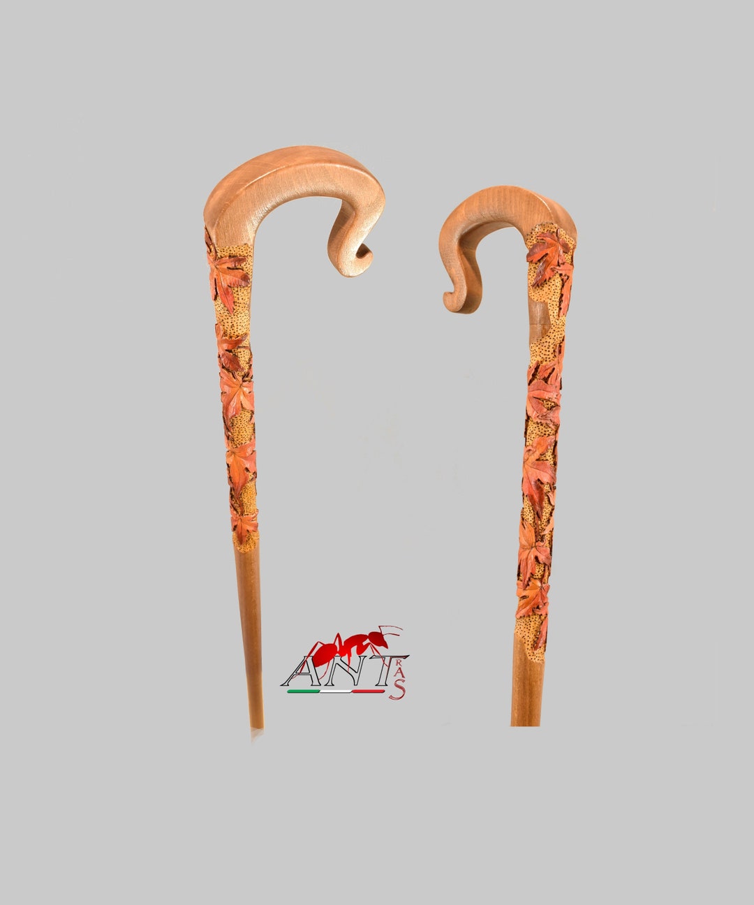 Custom Wood Walking Cane,shepherd Crook Handle With Maple Leaves Relief ...