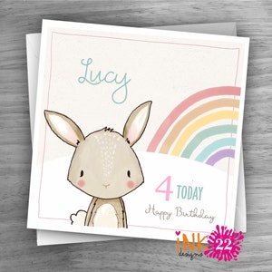 Personalised Birthday Card, Rainbow Bunny, Fun Girl Card, Any Name and ...