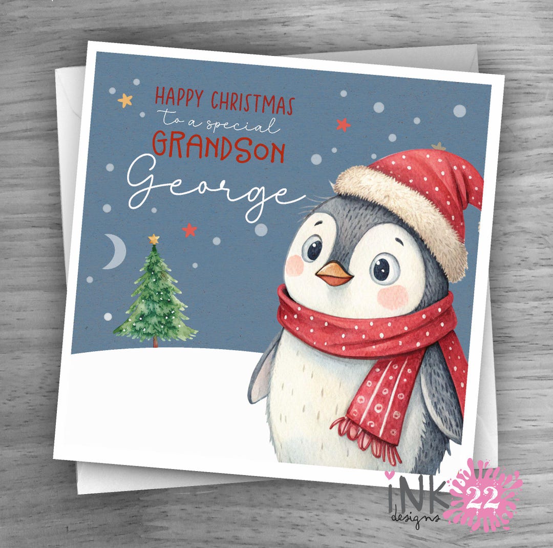 Personalised Kids Penguin Christmas Card, Son, Daughter, Grandson ...