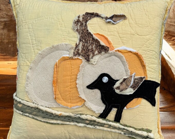 15" Prim Antique Quilt Pumpkin & Crow Sofa Halloween Pillow, Farmhouse ...