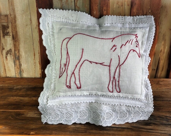8” Vintage Redwork & European Linen Horse Pillow, Charming Embroidered ...
