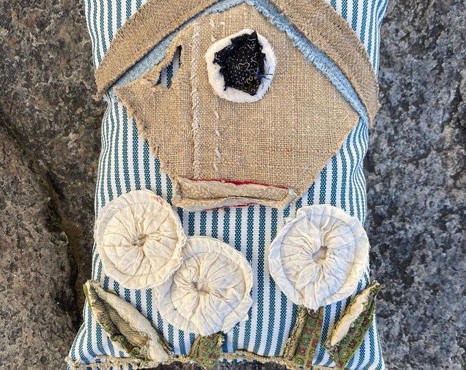 11” Antique Grain Sack Birdhouse & Flower Pillow, Farmhouse Rustic Bowl ...