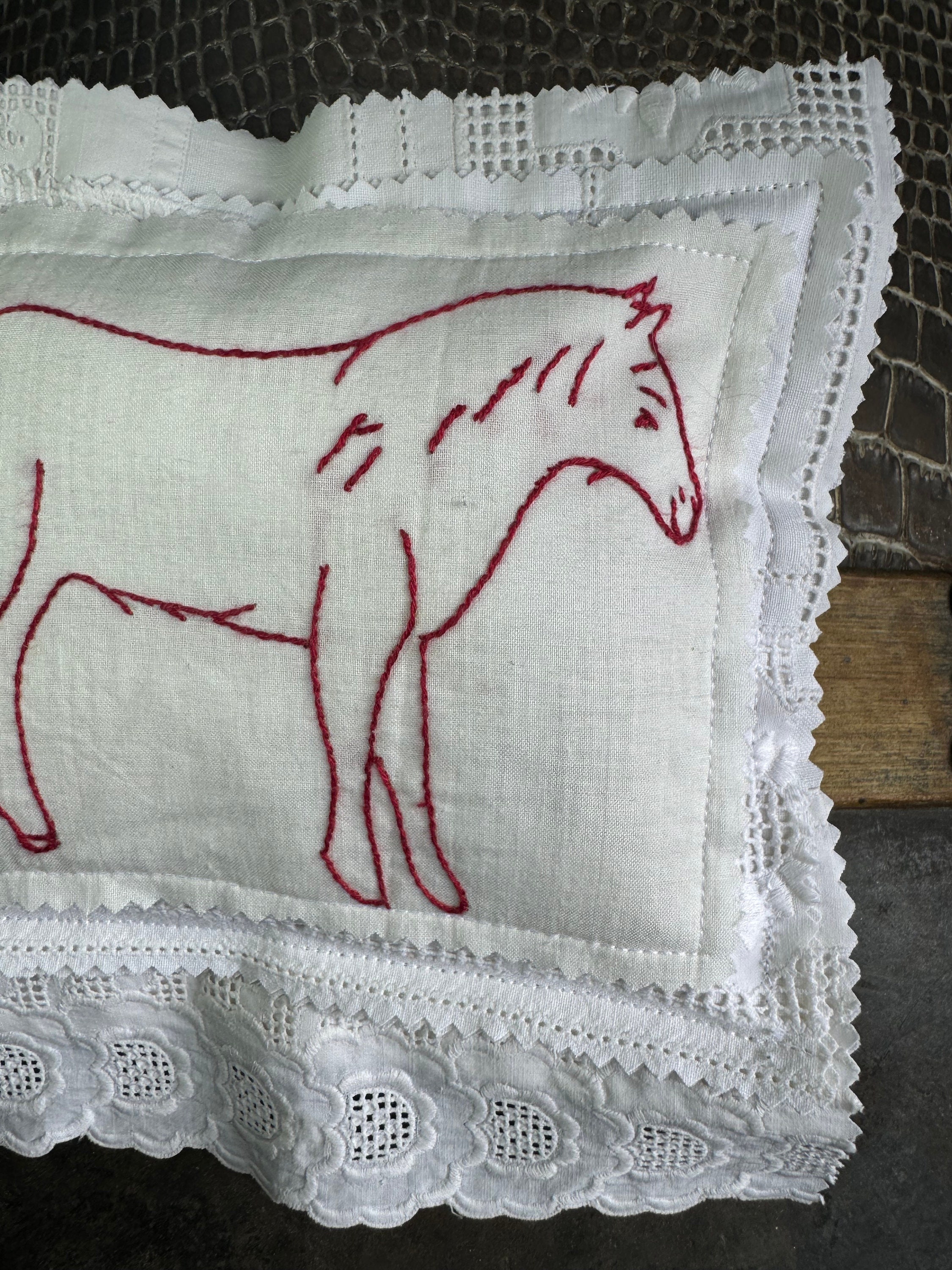 8 Vintage Redwork & European Linen Horse Pillow, Charming Embroidered ...