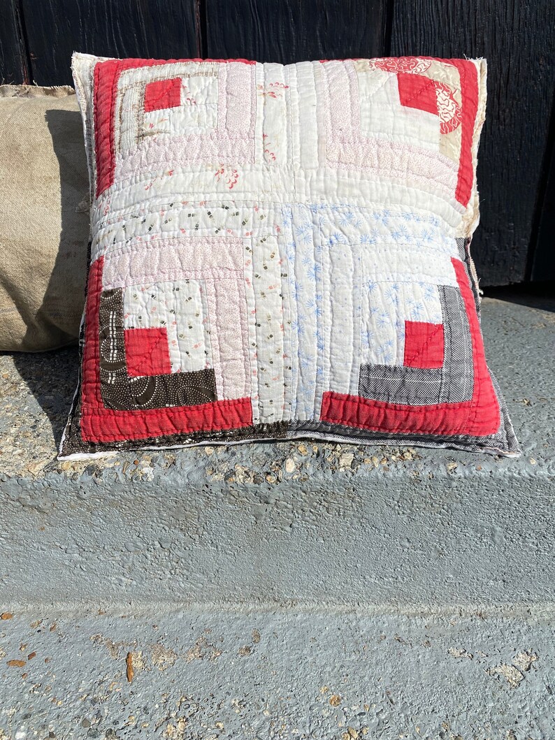 16 Antique Log Cabin Quilt & Grainsack Sofa Pillow, Rustic Farmhouse ...