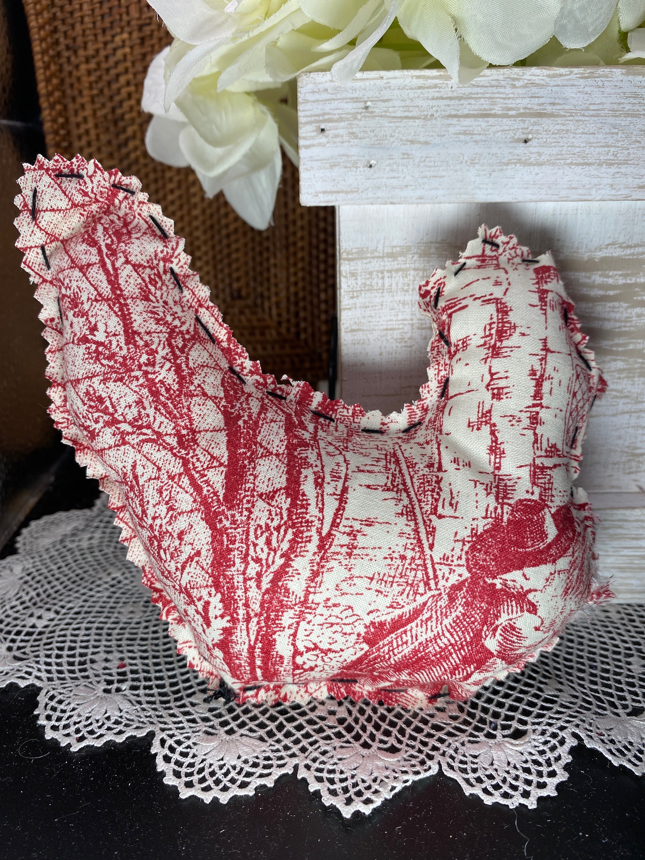 Antique Toile & Grain Sack Chicken, Farmhouse Primitive Basket Bowl ...