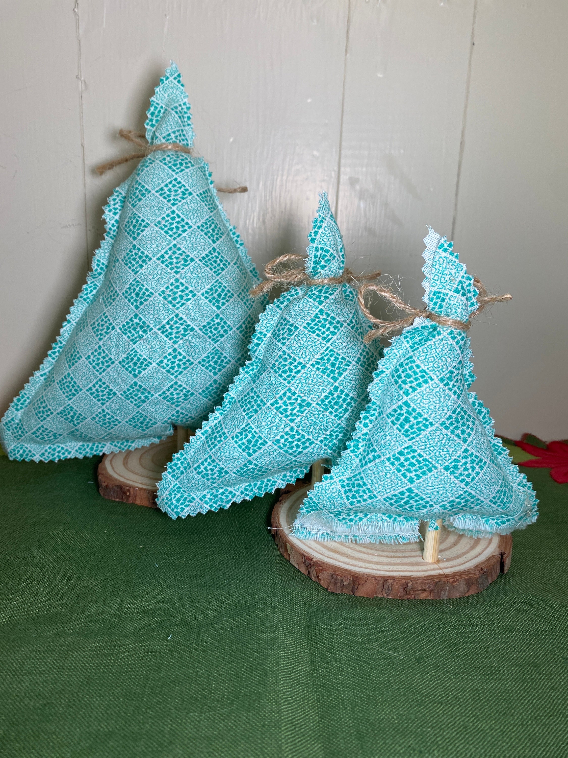 3 Antique Feed Sack Christmas Trees, Modern Farmhouse Shelf Display ...