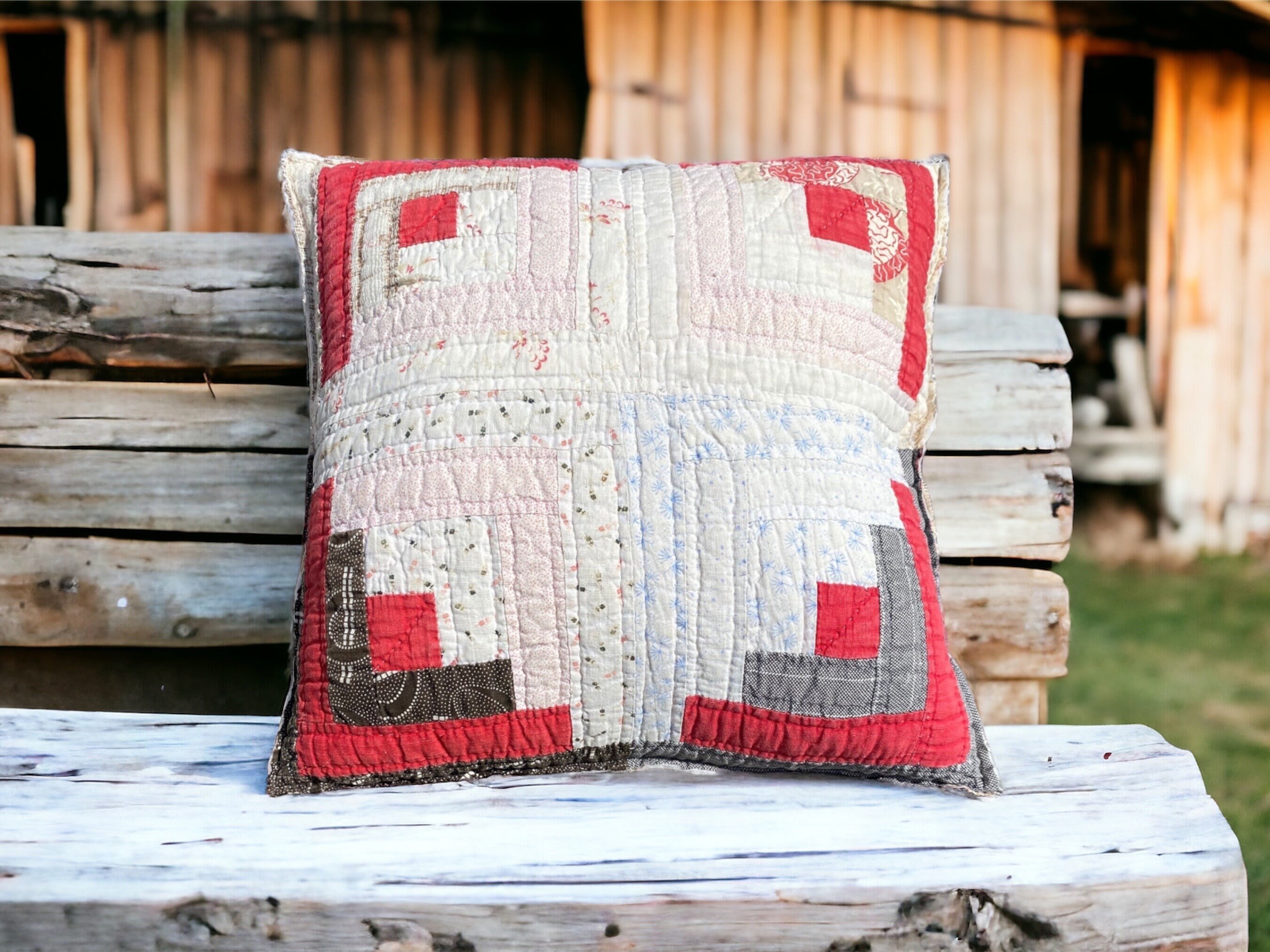 16 Antique Log Cabin Quilt & Grainsack Sofa Pillow, Rustic Farmhouse ...