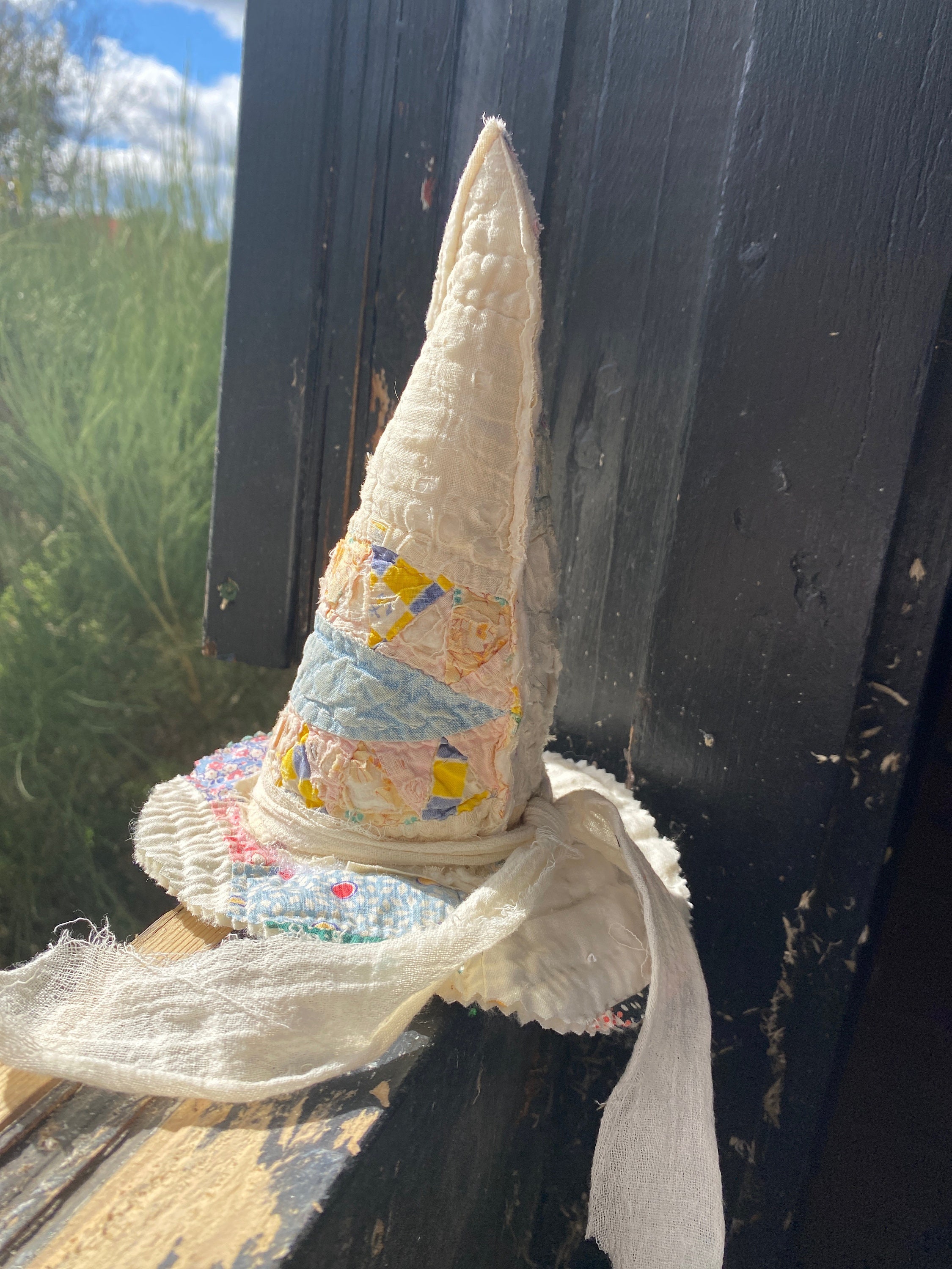 7 Halloween Antique Quilt Witch Hat, Farmhouse Worn Tattered Primitive ...