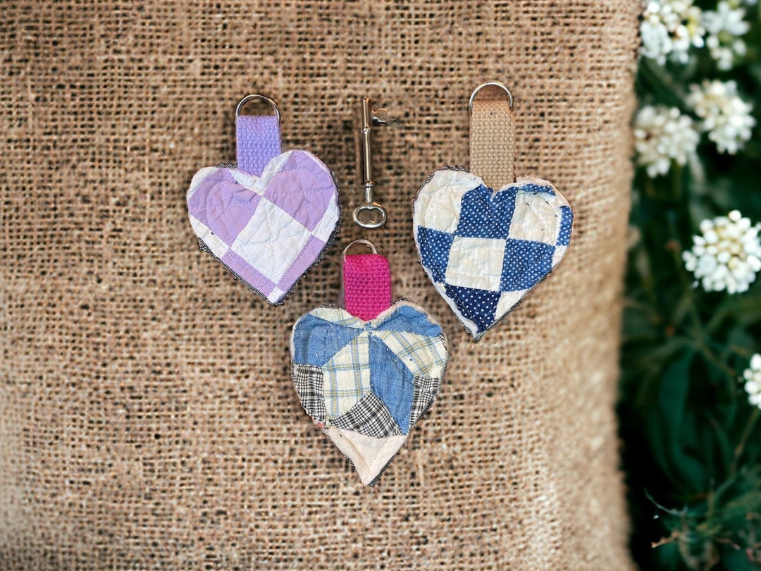 Antique Quilt Keychain Heart Shaped Key Fob, Farmhouse/shabby Chic ...