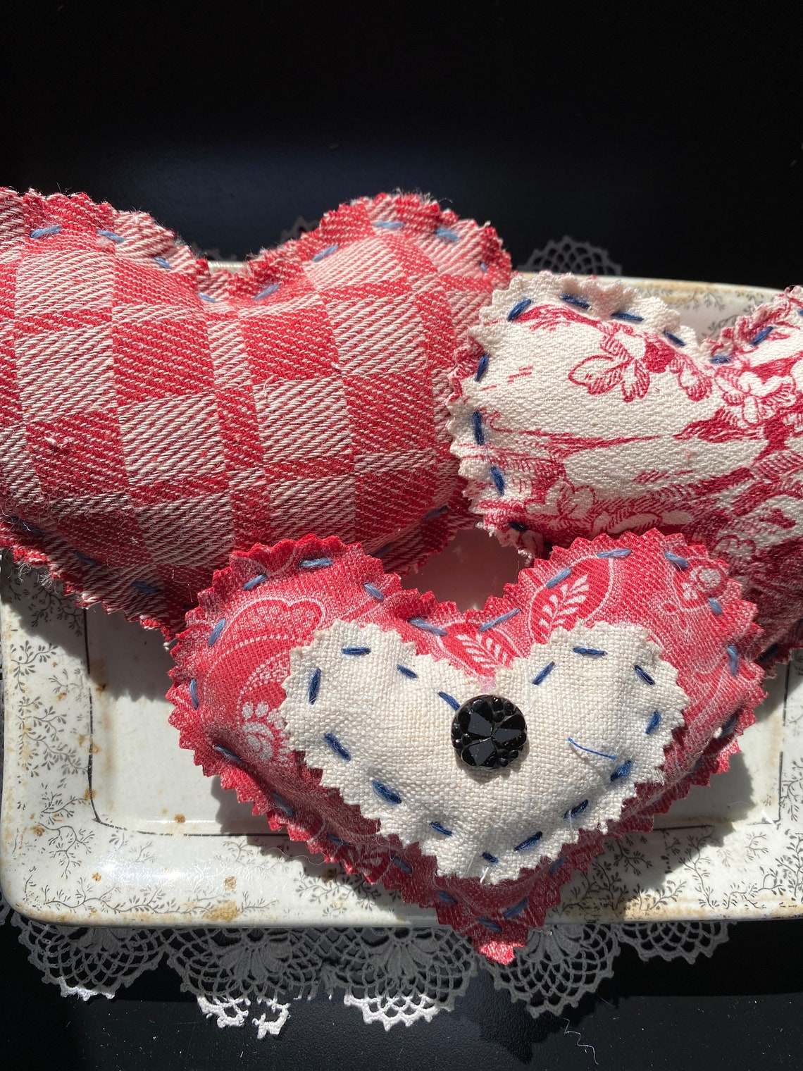 3 French Toile Heart Shaped Pillows Antique Grain Sack Farmhouse ...