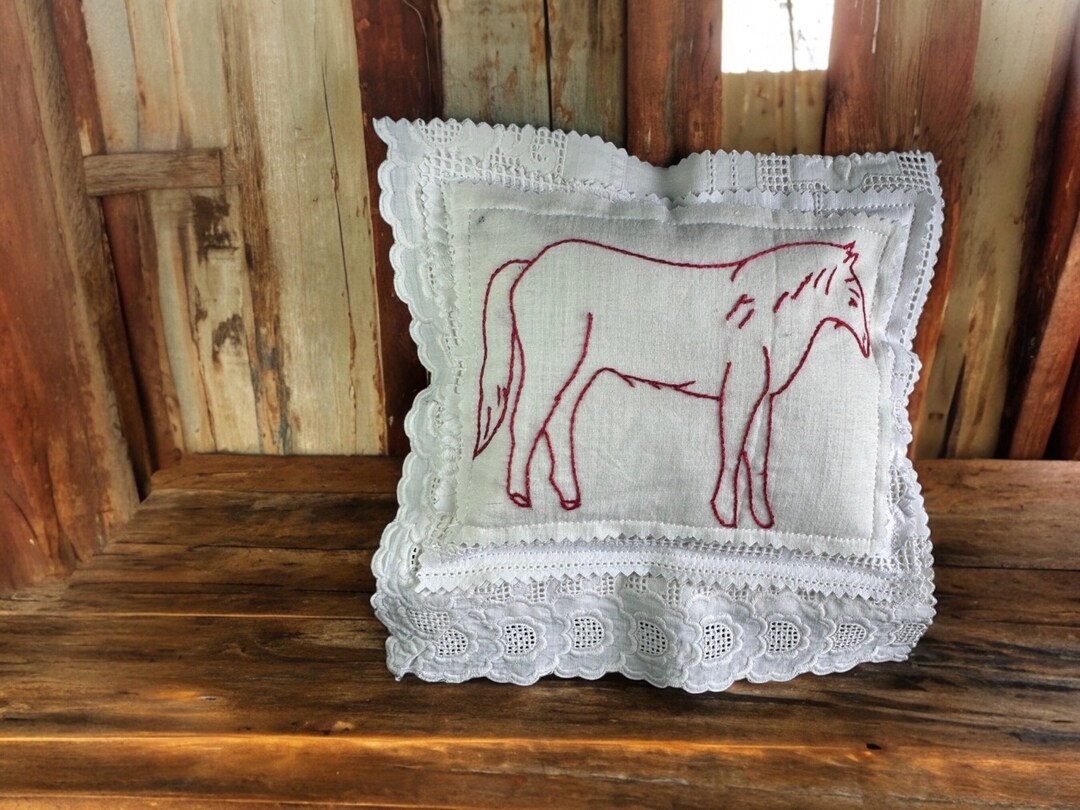 8 Vintage Redwork & European Linen Horse Pillow, Charming Embroidered ...