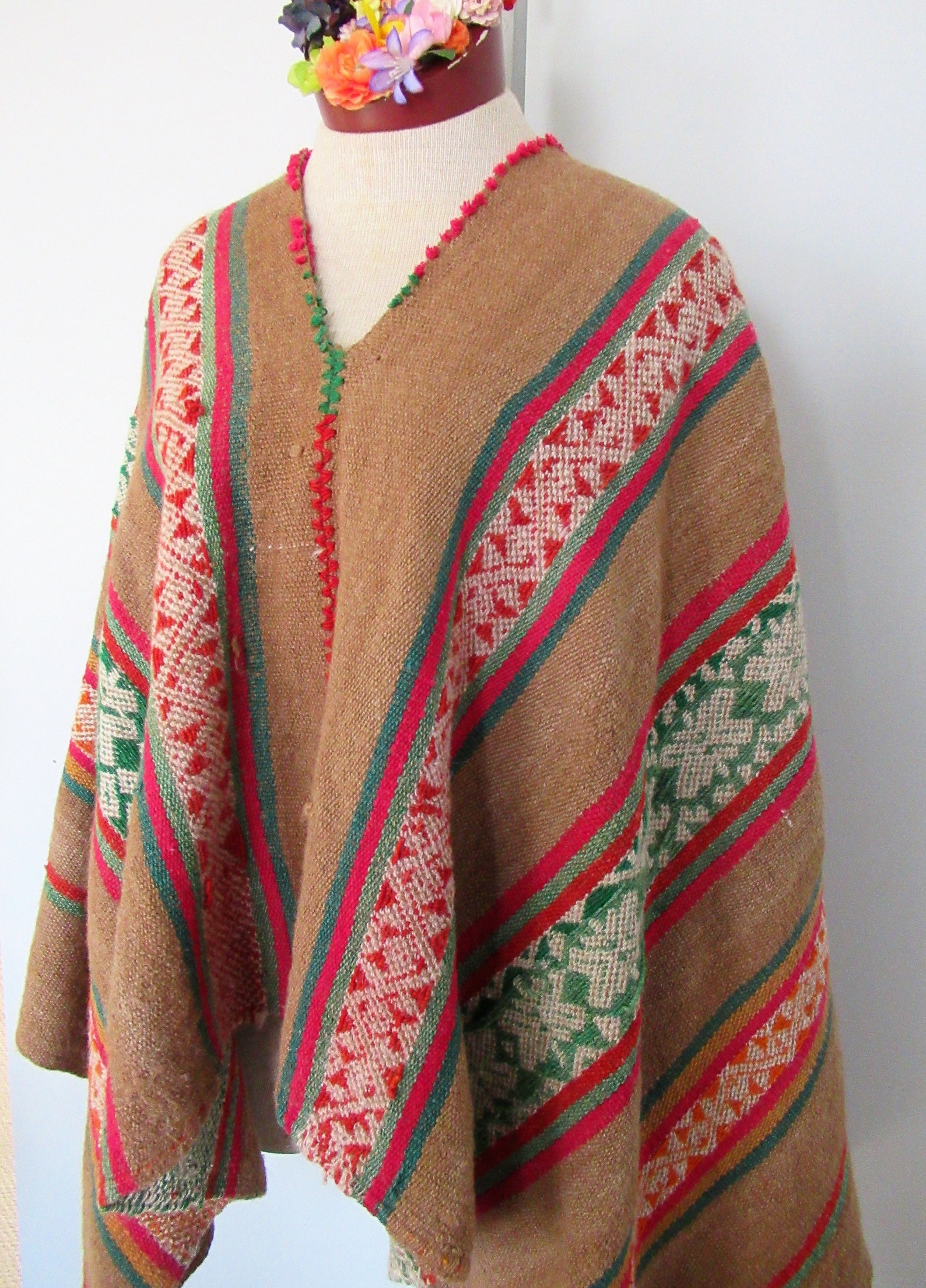 Vintage Peruvian Traditional 100% Alpaca Poncho/ Andean Mountain Aguayo ...