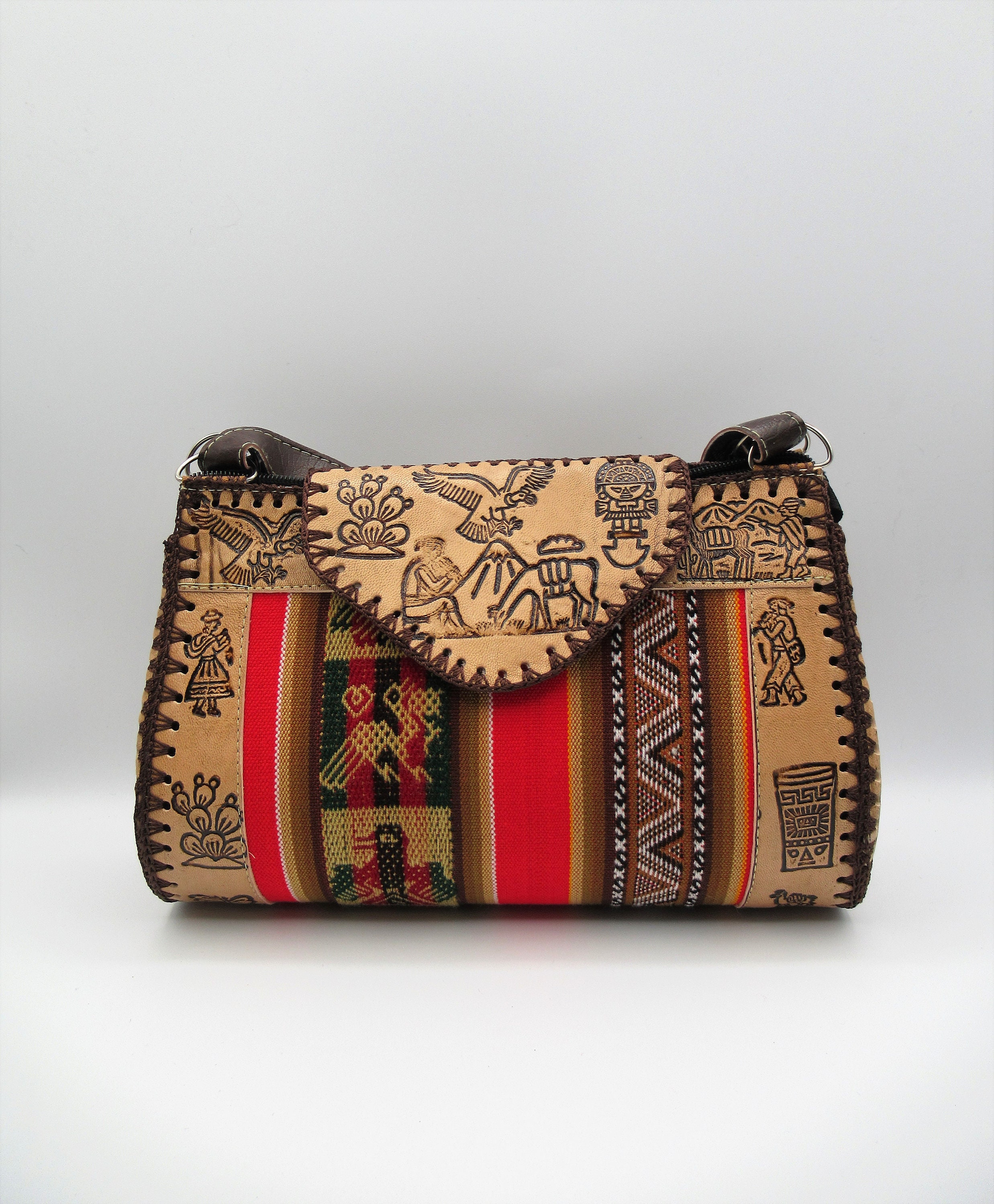 Crossbody Hand Carved Leather Purse With Andean Textile. Peruvian Hand ...