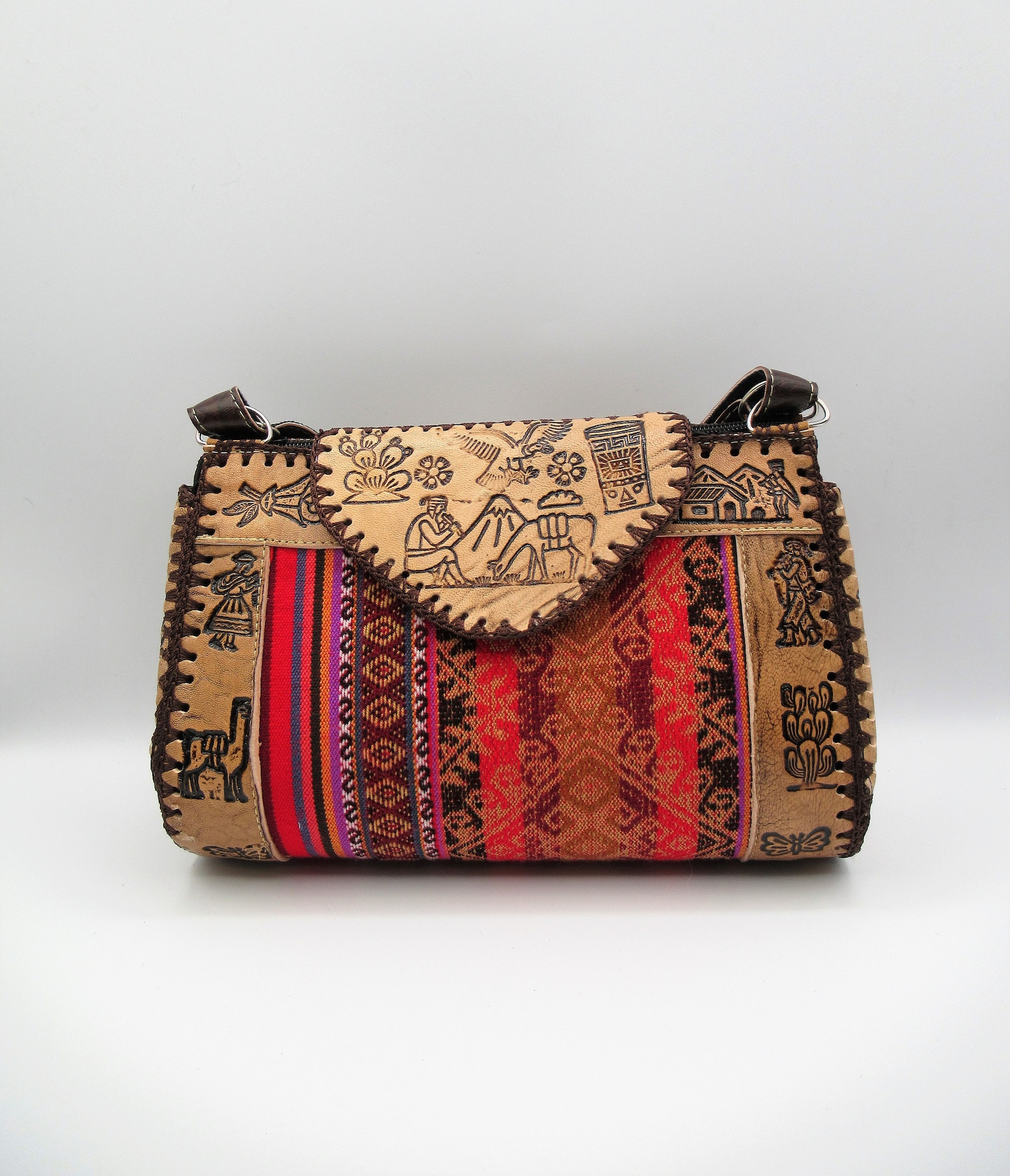 Crossbody Hand Carved Leather Purse With Andean Textile. Peruvian Hand ...