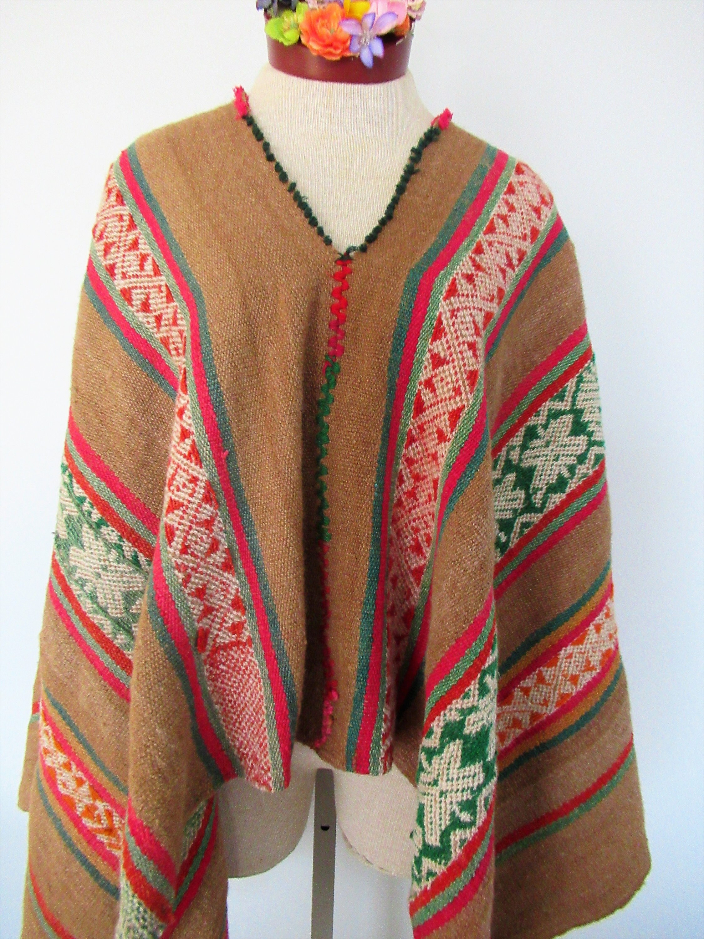 Vintage Peruvian Traditional 100% Alpaca Poncho/ Andean Mountain Aguayo ...