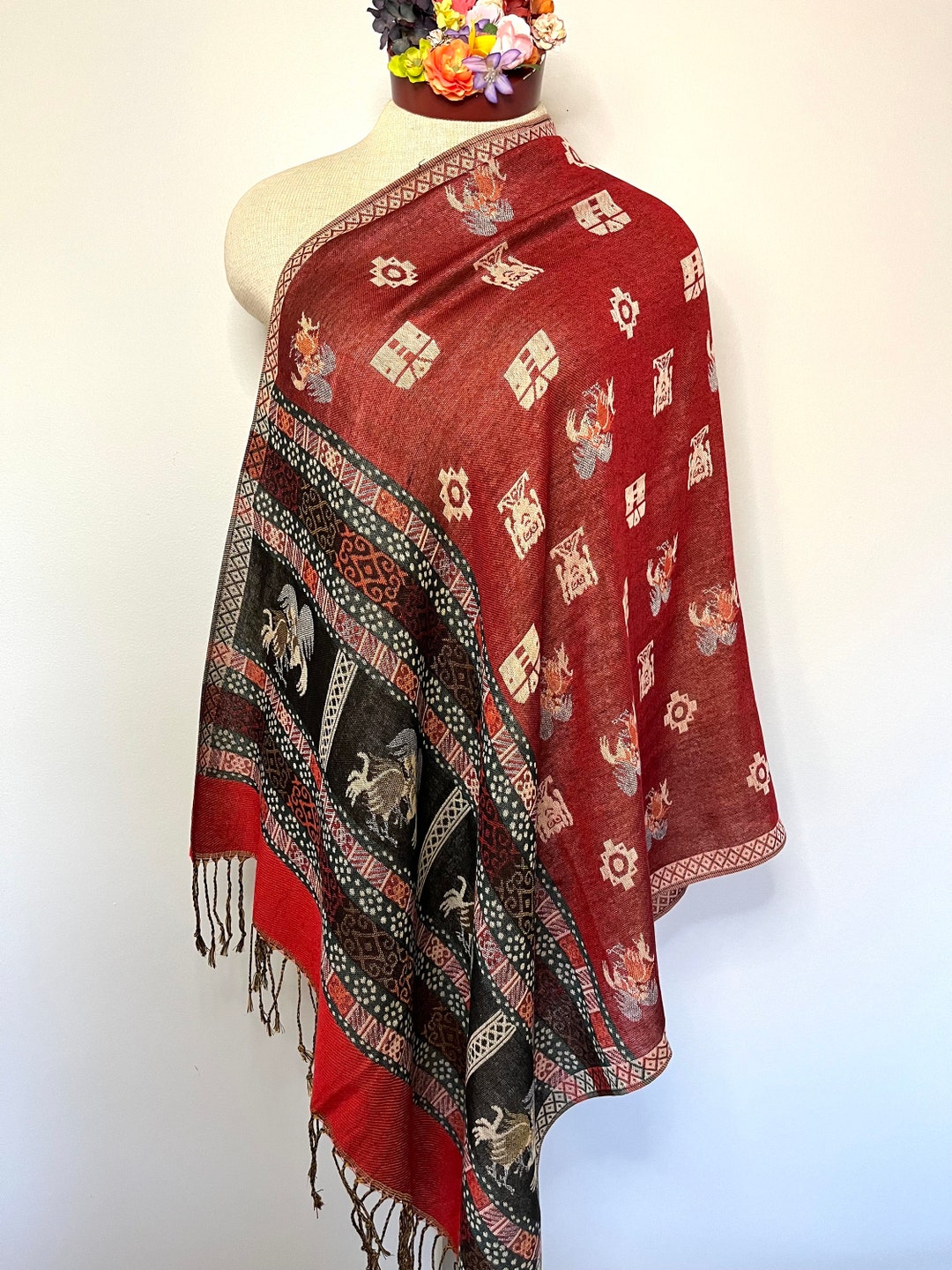 Cotton Pashmina Shawl With Inka Design. Different Colors. Peruvian ...