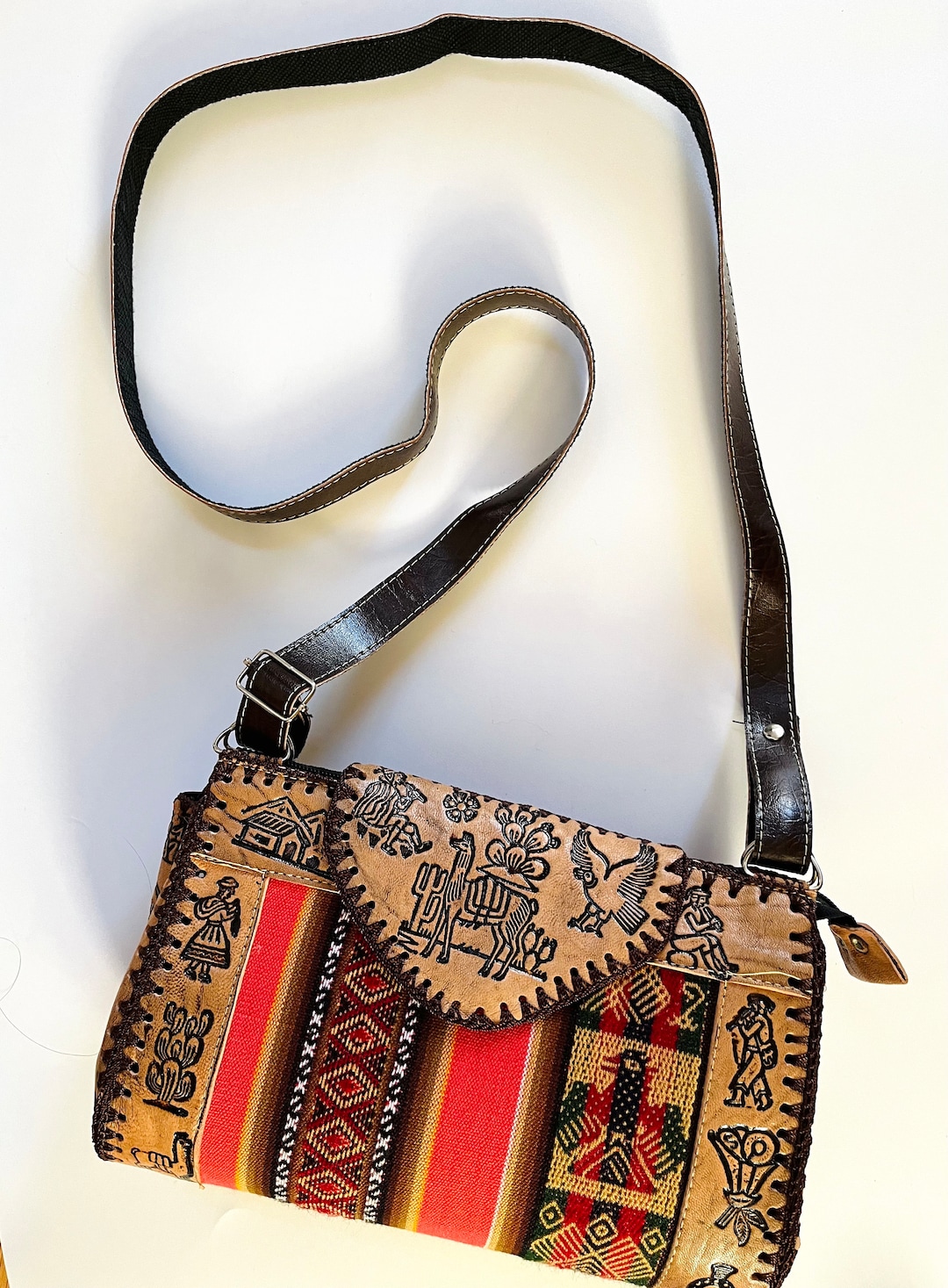 Crossbody Hand Carved Leather Purse With Andean Textile. Peruvian Hand ...