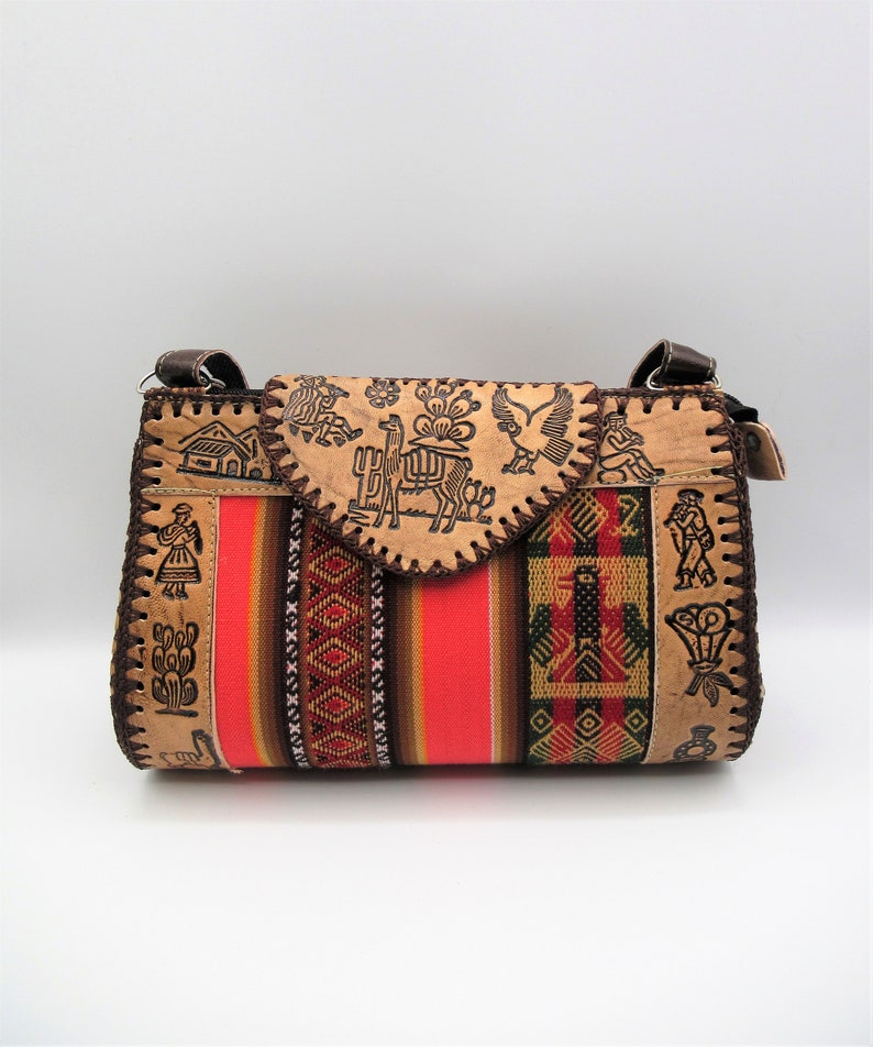 Crossbody Hand Carved Leather Purse With Andean Textile. Peruvian Hand ...