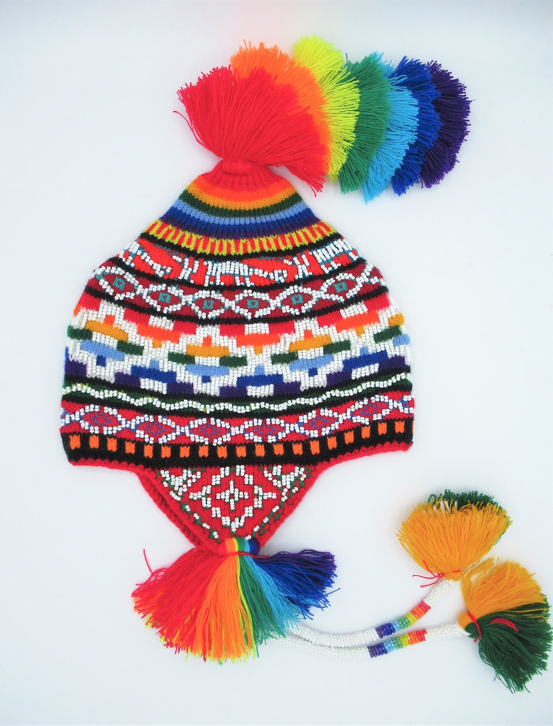 Peruvian Q'ero Chullo Beaded Ceremony Hat adult Size. Unisex Earflaps ...