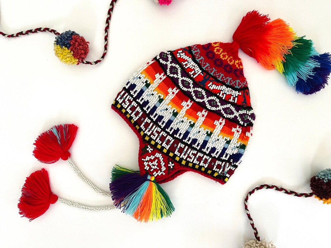 Peruvian Q'ero Chullo Beaded Ceremony Hat (adult Size). Unisex Earflaps Chullo Pom Pom Hand ...